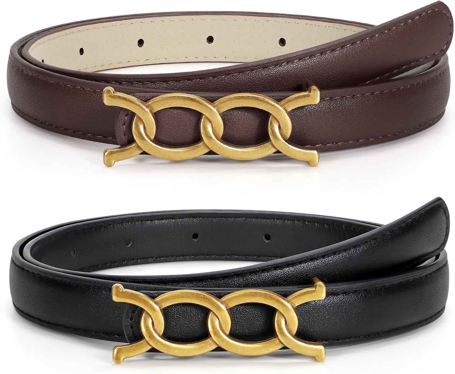 2 Pack Women Thin Belts with Gold Buckle Ladies Skinny Faux Leather ...