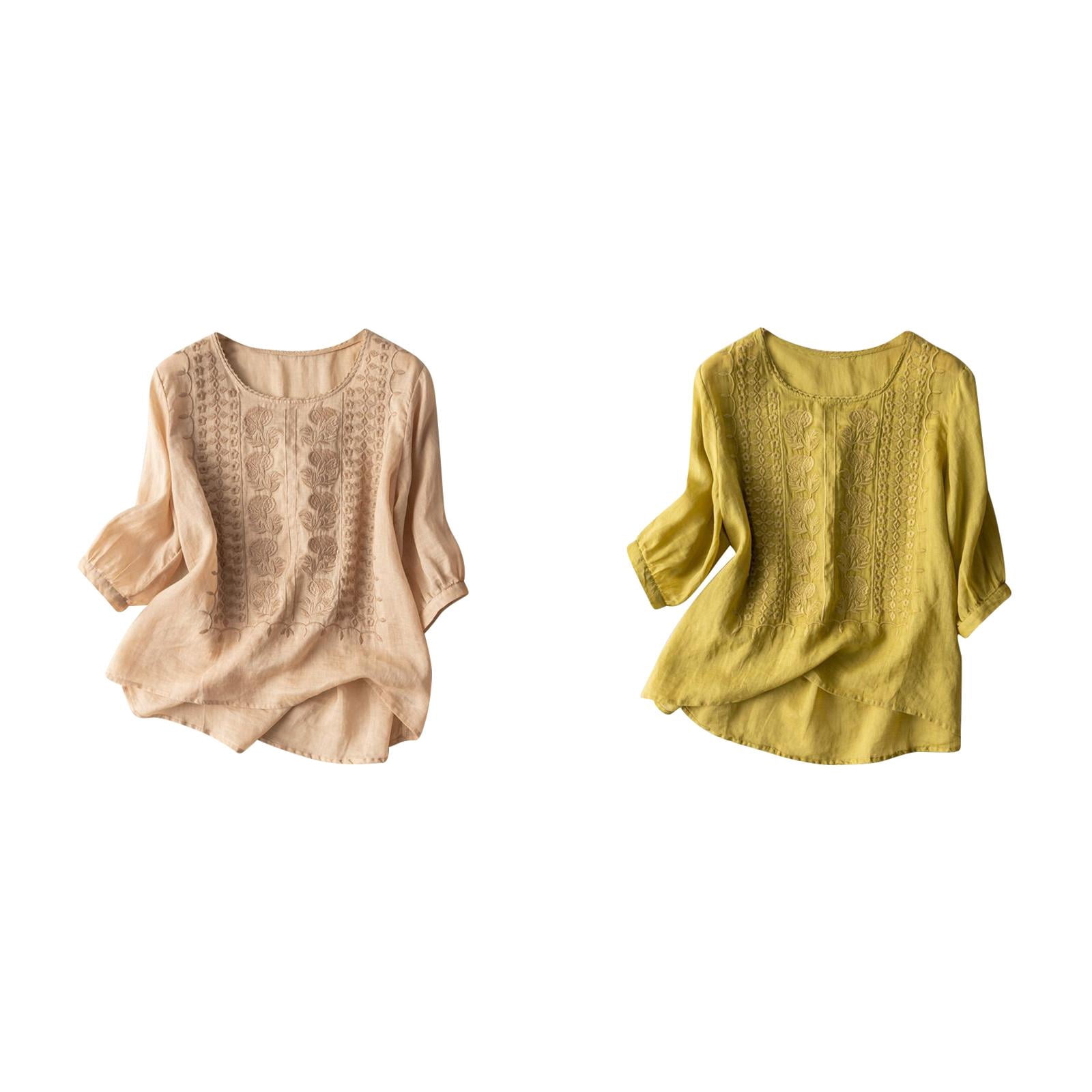 2-Pack,Women's Boho Loose Embroidered Linen T Shirt Vintage Retro Style ...