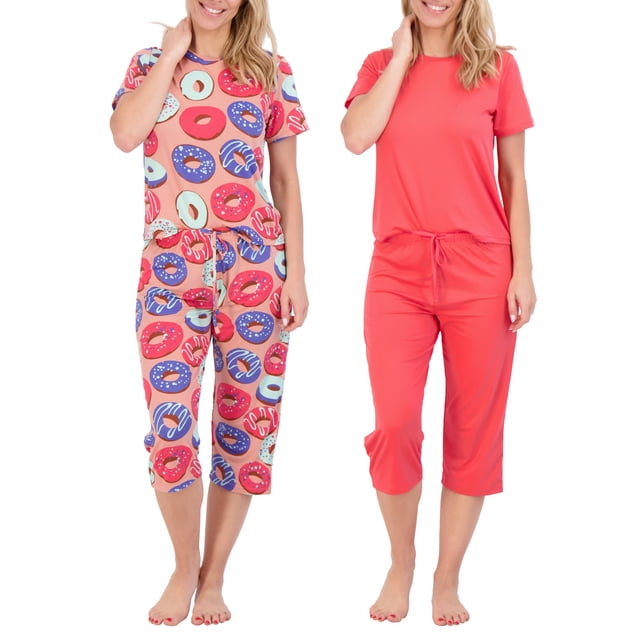 2 Pack: Women’s Cozy Short-Sleeve PJ Top with Capri Pants - Pajama ...