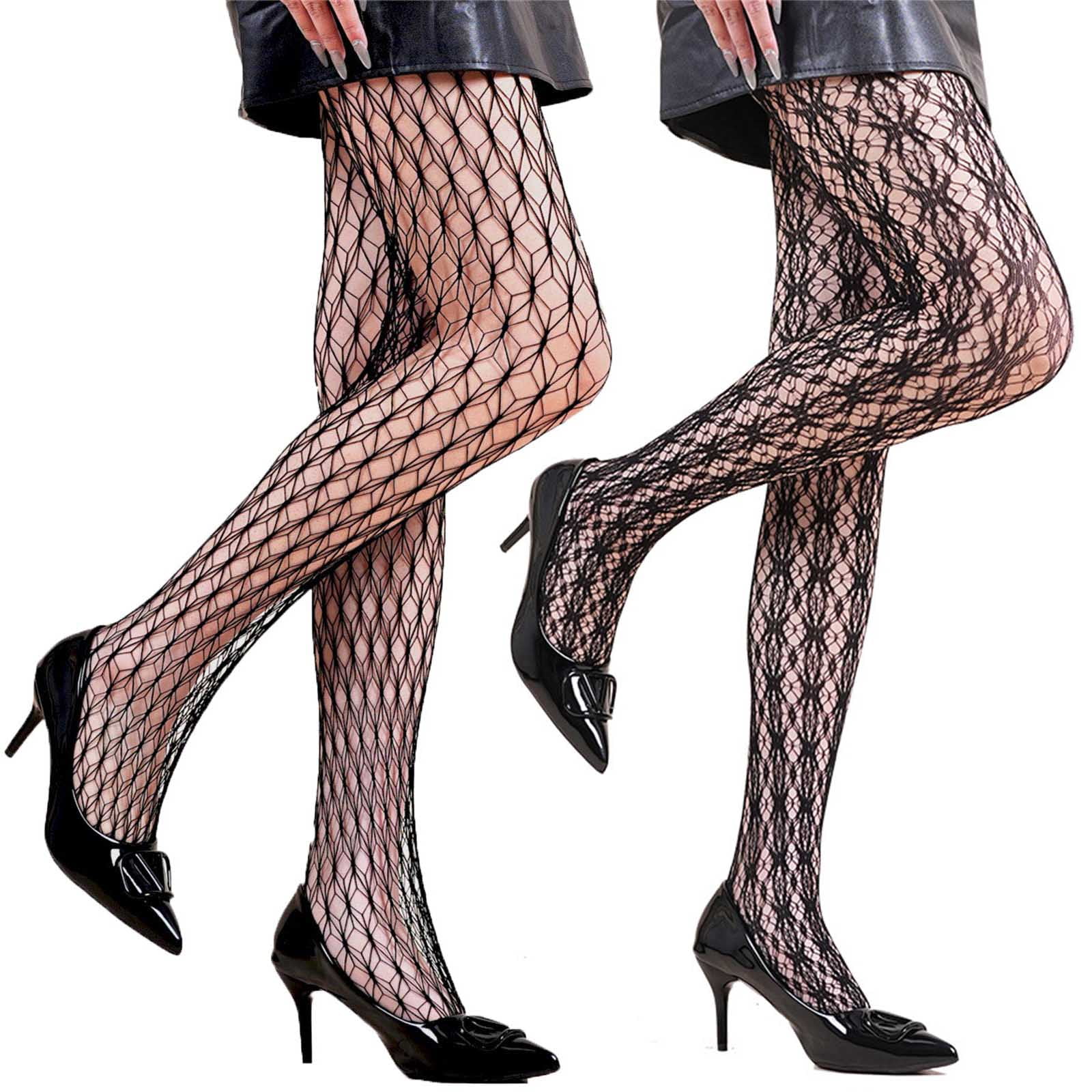 2-Pack Women's Gothic Punk Fishnet Tights - Jacquard Lace Pattern Sheer ...