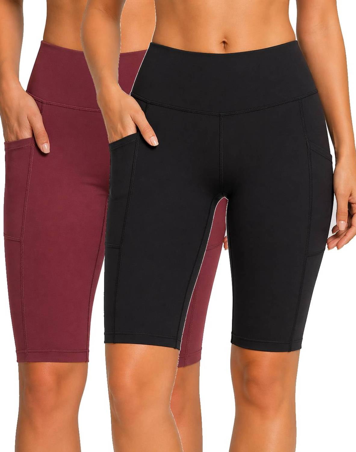 2 Pack Women's High Waisted Knee Length Biker Shorts With Pockets Tummy ...