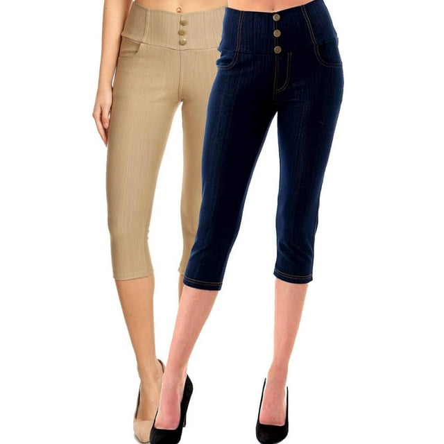 2 Pack Women's High Waisted Capri Jegging Stretch Knit Denim Capris ...