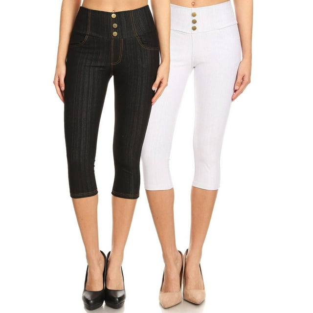 2 Pack Women's High Waisted Capri Jegging Stretch Knit Denim Capris ...