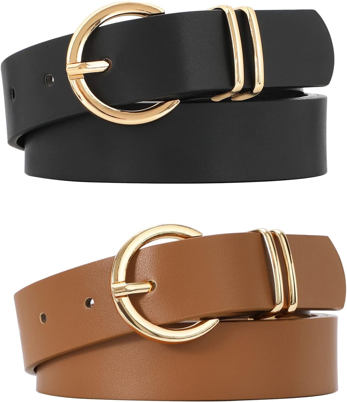 2 Pack Women's Leather Belts for Jeans Dresses Fashion Gold Buckle ...