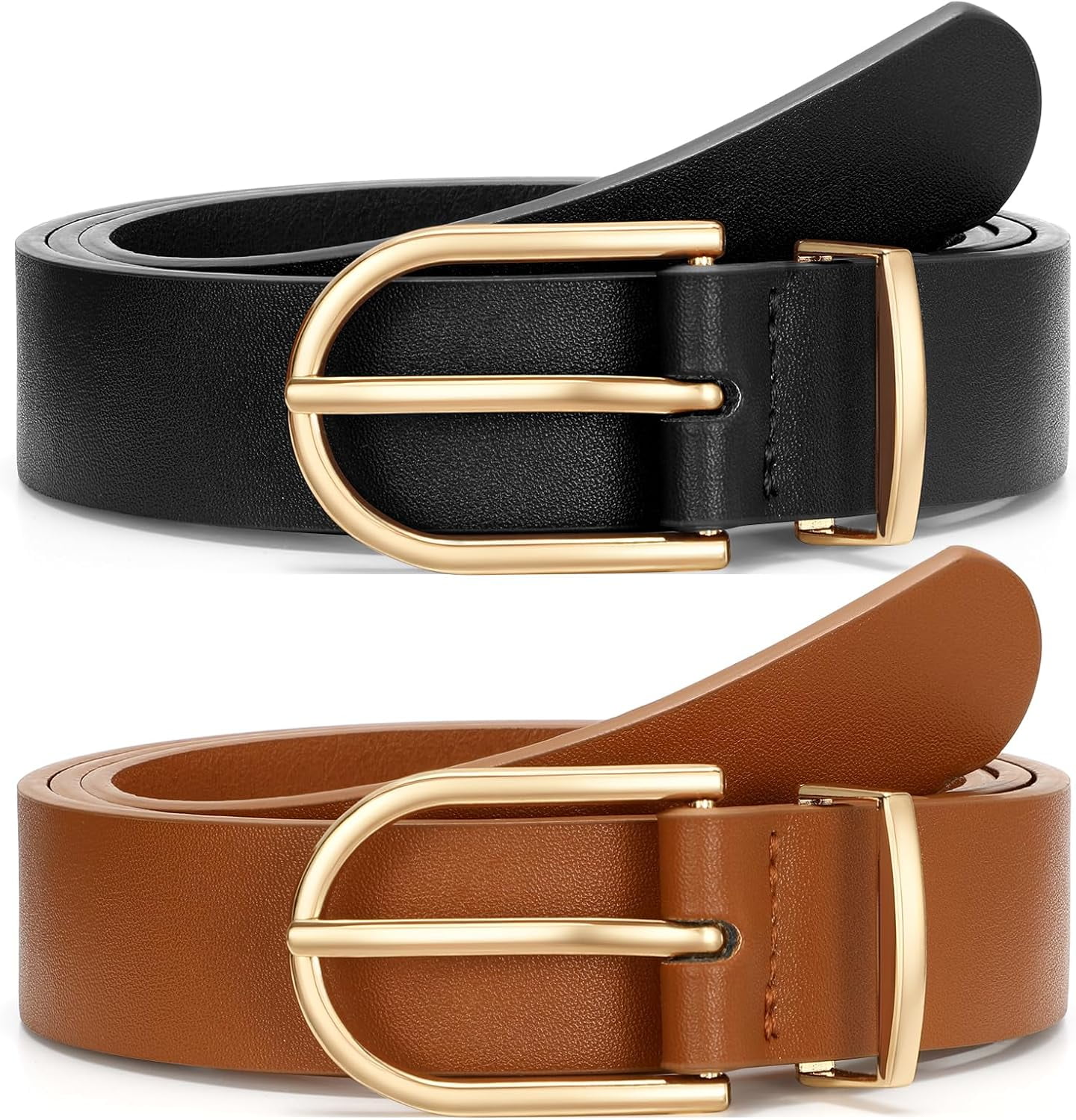 2 Pack Women's Leather Belts for Jeans Dresses Fashion Gold Buckle ...