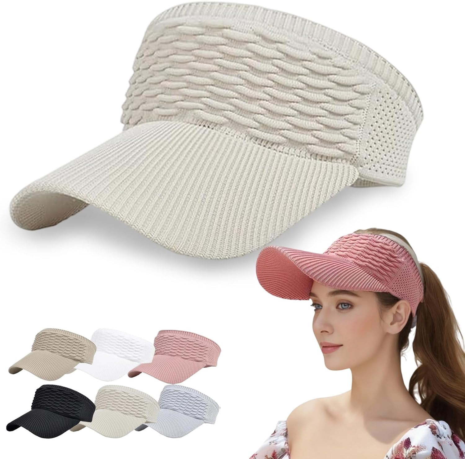 2-Pack Women’s Open-Top Breathable UV-Protection High-Ponytail Sun ...
