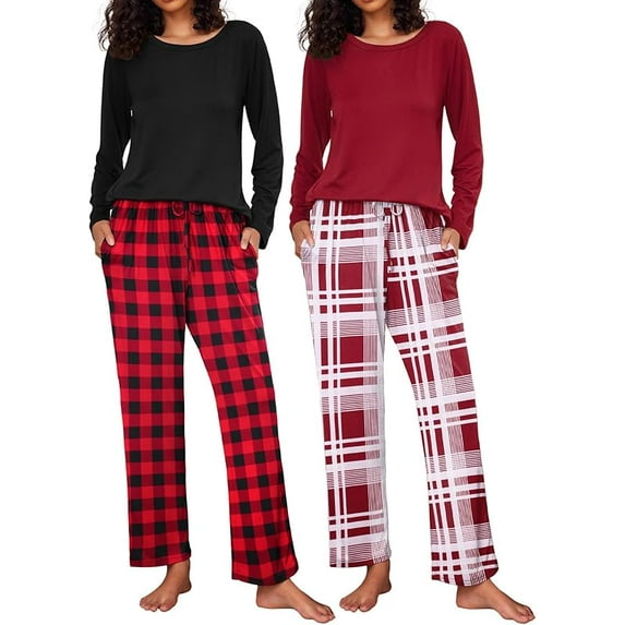 2 Pack Women's Pajama Set Long Sleeve Top with Jogger Pants Lounge Sets ...