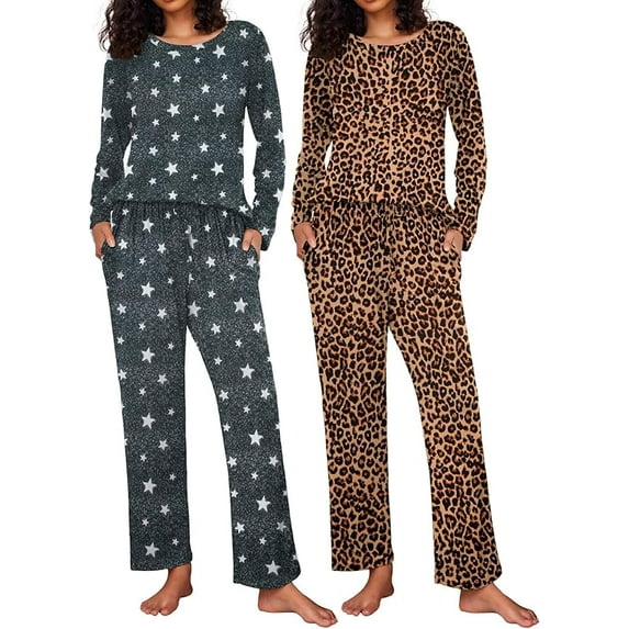 2 Pack Women's Pajama Set Long Sleeve Top with Jogger Pants Lounge Sets ...