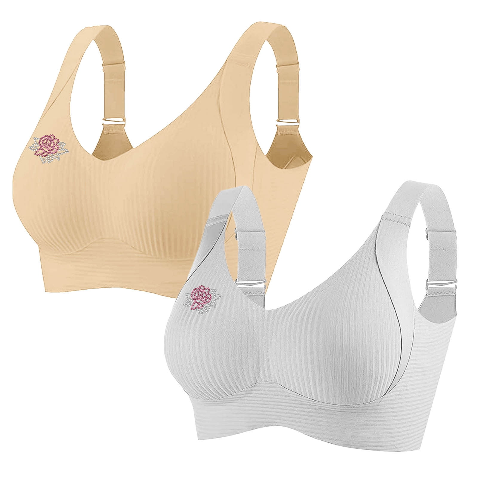 2 Pack Women's Plus Size Wireless Bralette Floral Rhinestone Full ...