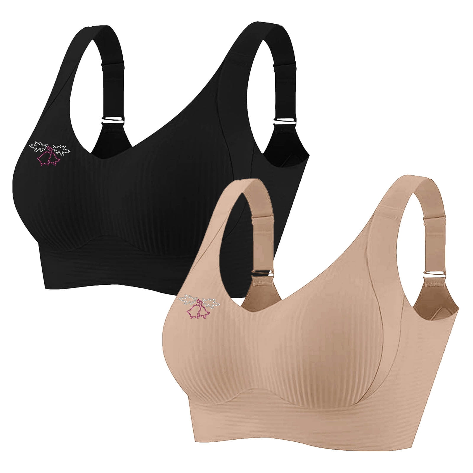 2 Pack Women's Plus Size Wireless Bralette Floral Rhinestone Full ...