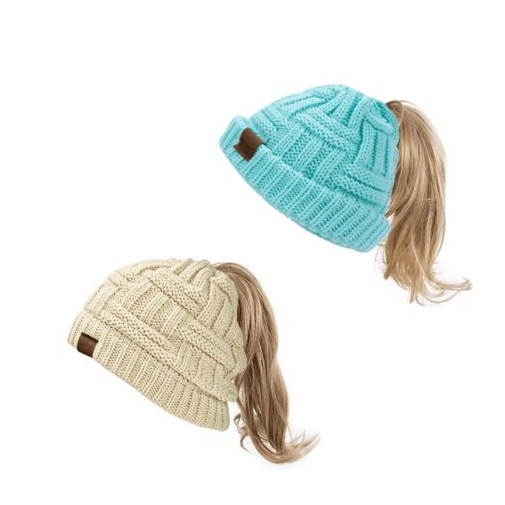 2-Pack Women's Ponytail Beanie Winter Hat – Tail Stretch Cable Knit Cap ...