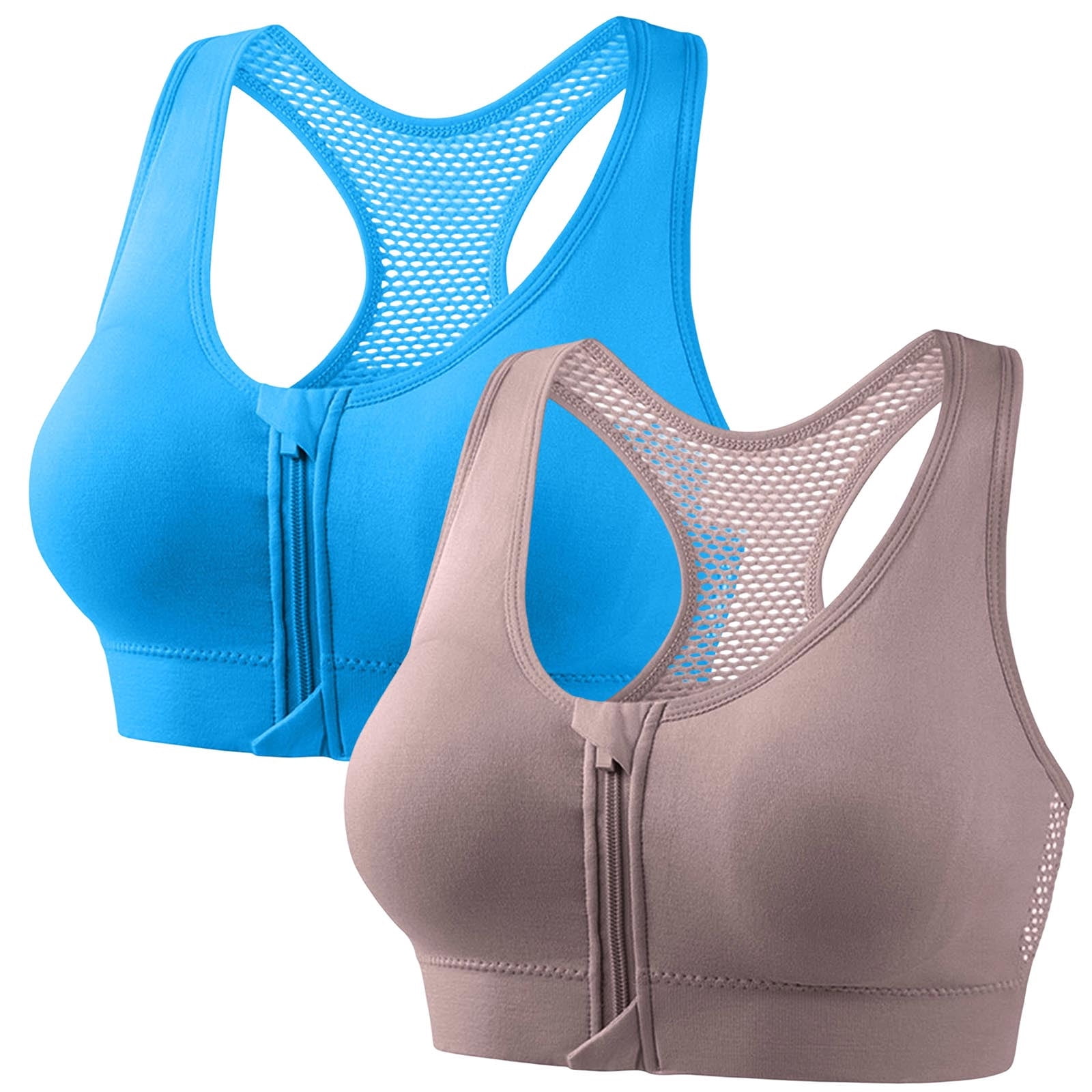 2 Pack Women's Solid Color Wireless Sports Bra, Push up Front Zipper ...