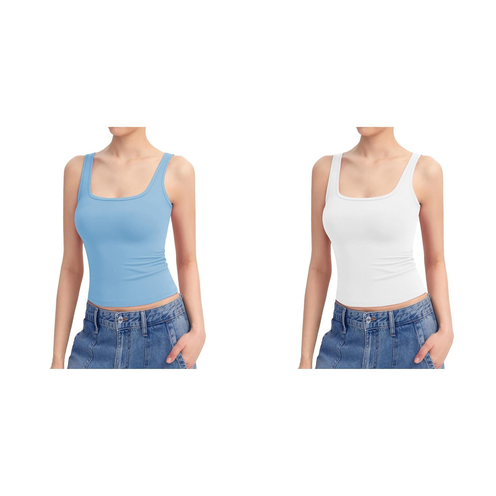 2-Pack,Women's Square Neck Tank Top Sleeveless Double Lined Basic Tops ...