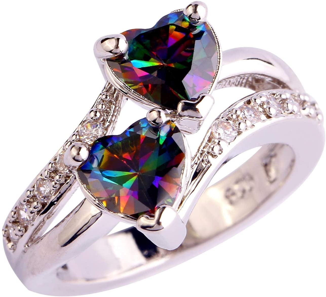 2 Pack Women's Unique Double Heart Jewelry Rings Rainbow Eternal ...
