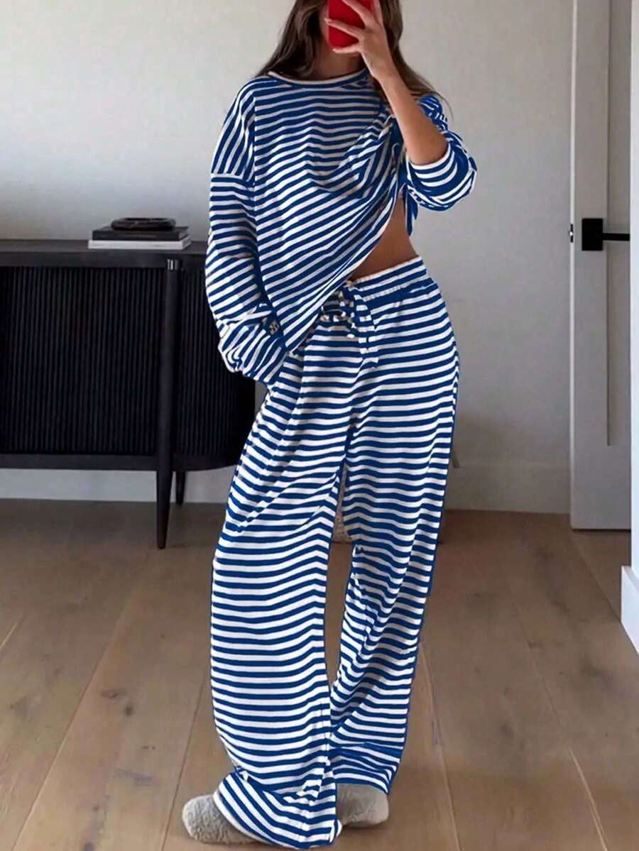 2-Pack Womens Blue Striped Crew Neck Pajama Set - Long-Sleeve Top ...
