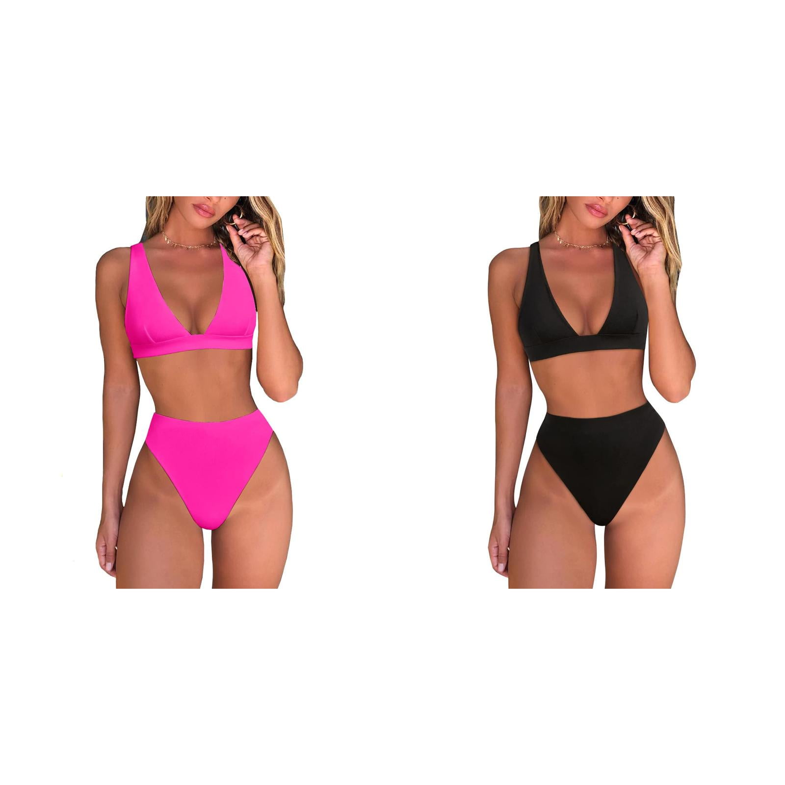 2-Pack,Womens High Waisted Thong Bikini Sets Brazilian Triangle Top Deep V Neck Two Piece ...