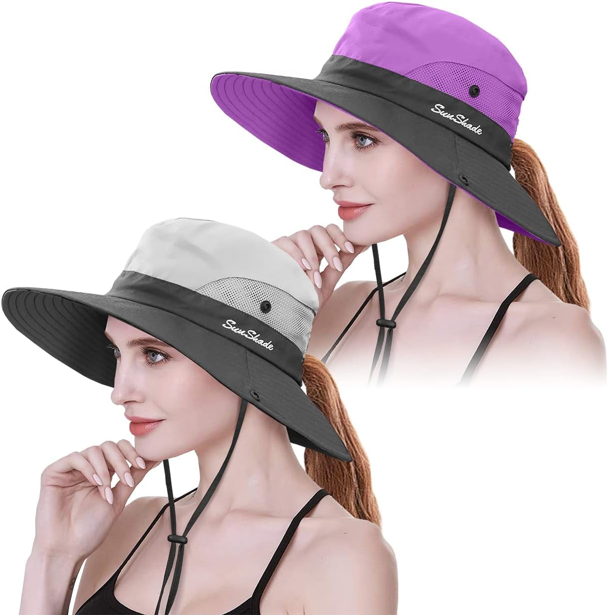 2 Pack Womens Ponytail Sun Hat UV Protection Bucket Hats Foldable Wide ...