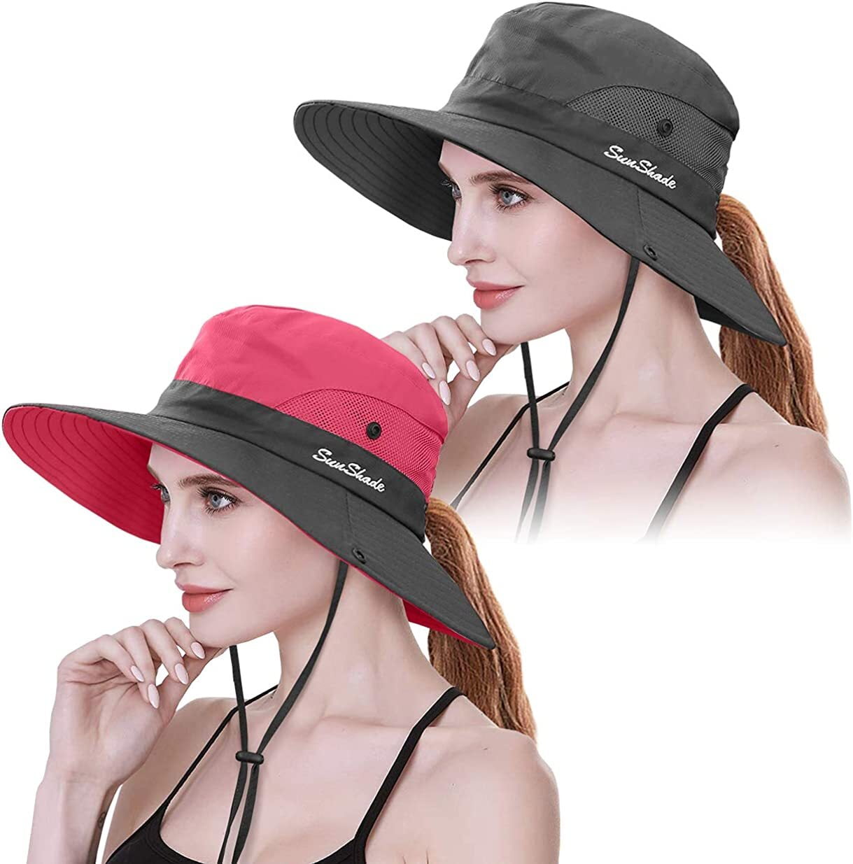 2 Pack Womens Ponytail Sun Hat UV Protection Foldable Wide Brim Cap ...