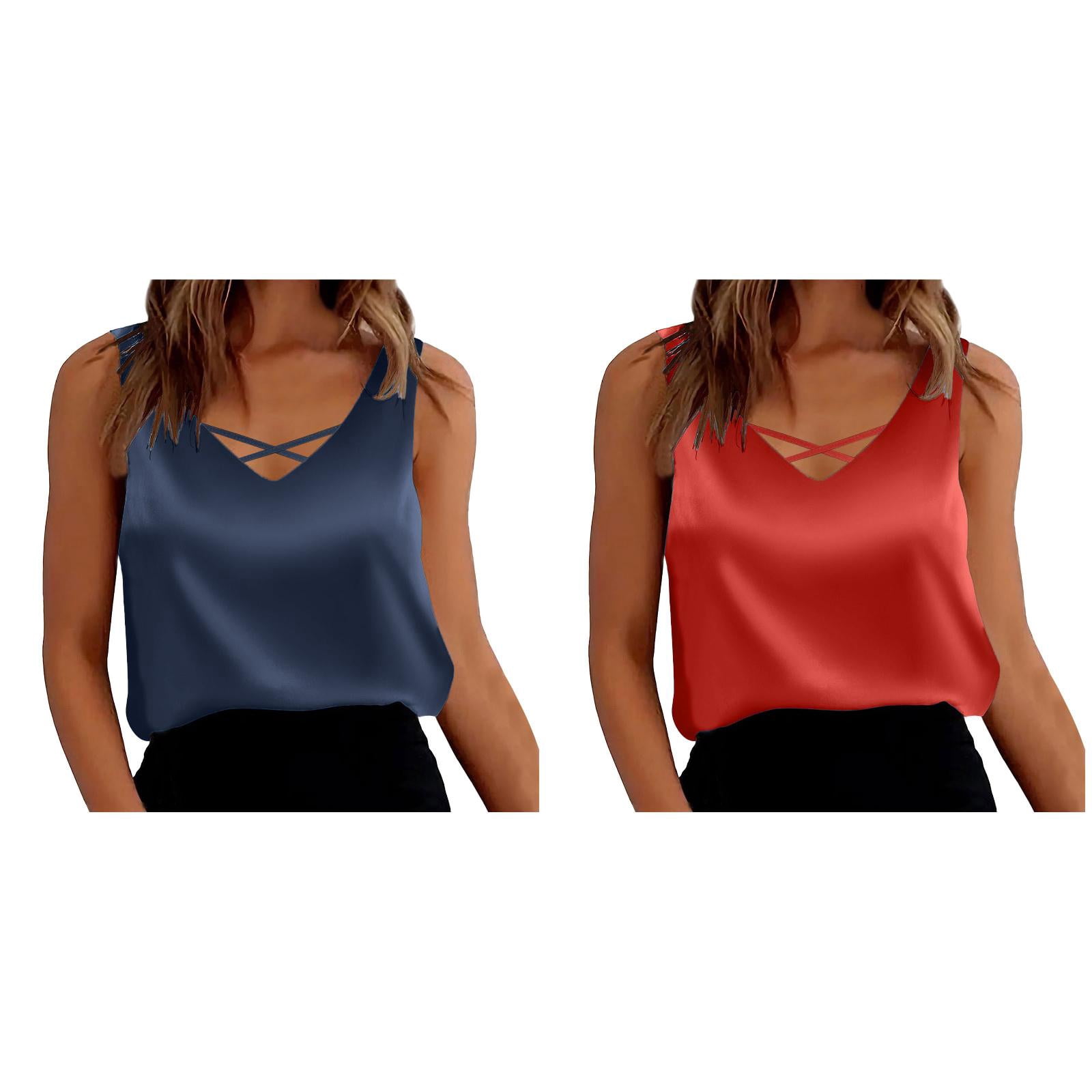 2-Pack,Womens Satin Tank Top Strap Basic Summer Vest Shirt Casual V ...