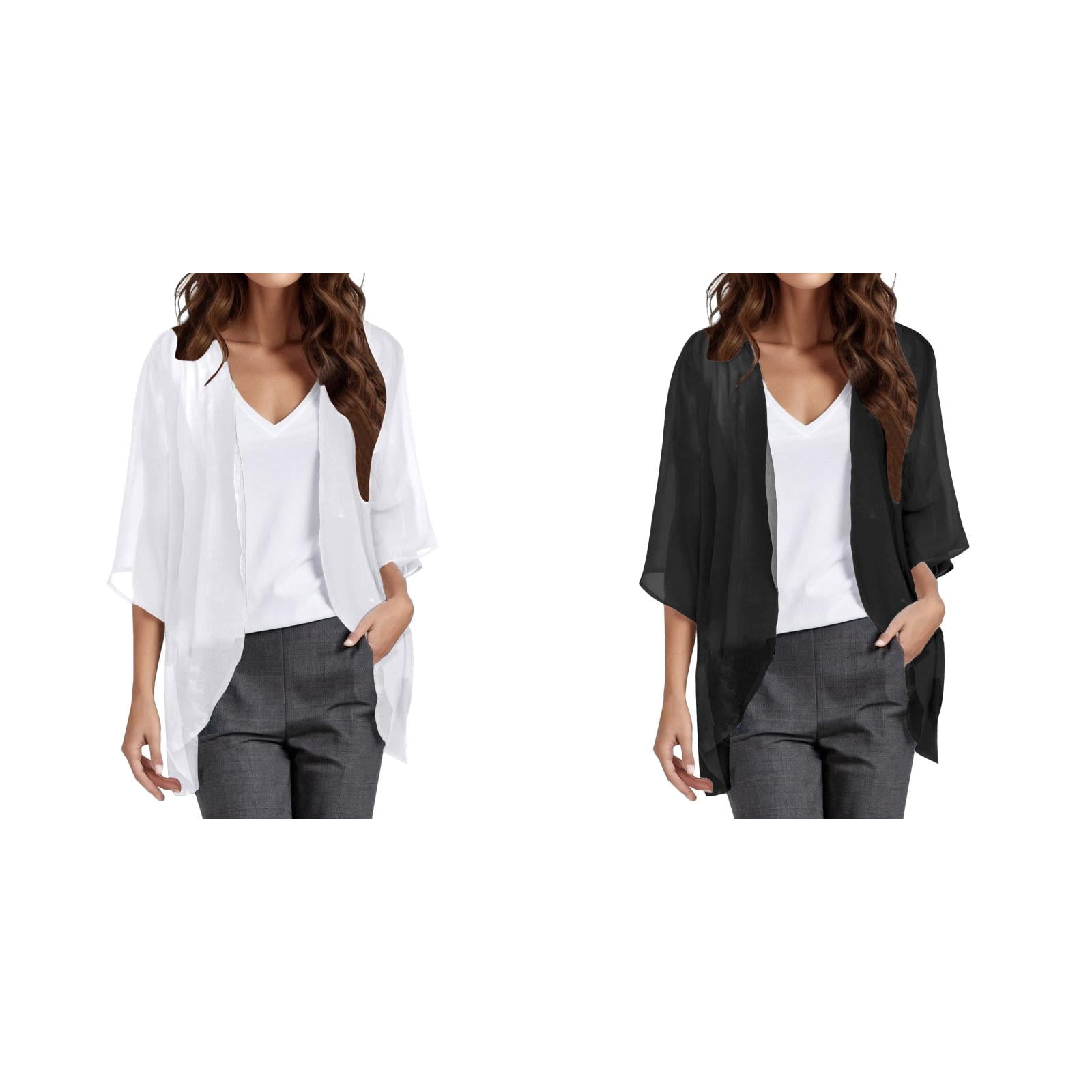 2-Pack,Womens Solid Elegant Puff Sleeve Chiffon Cardigan Loose Cover Up ...