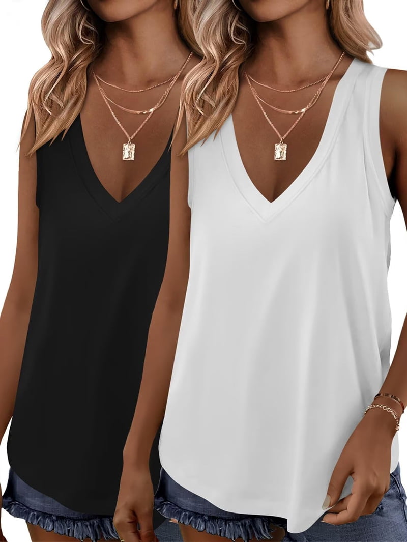 2 Pack Womens Tank Tops Summer V Neck Sleeveless Loose Casual Blouses ...