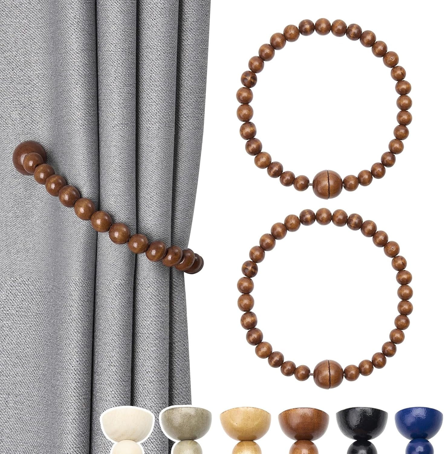 2 Pack Wood Bead Curtain Tiebacks Boho Farmhouse Decor Drape Tie Backs ...