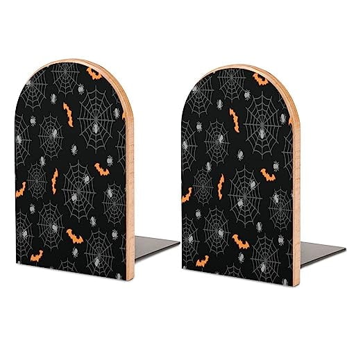 2 Pack Wood Bookends, Halloween Gothic Bats Non-Skid Book Ends for ...