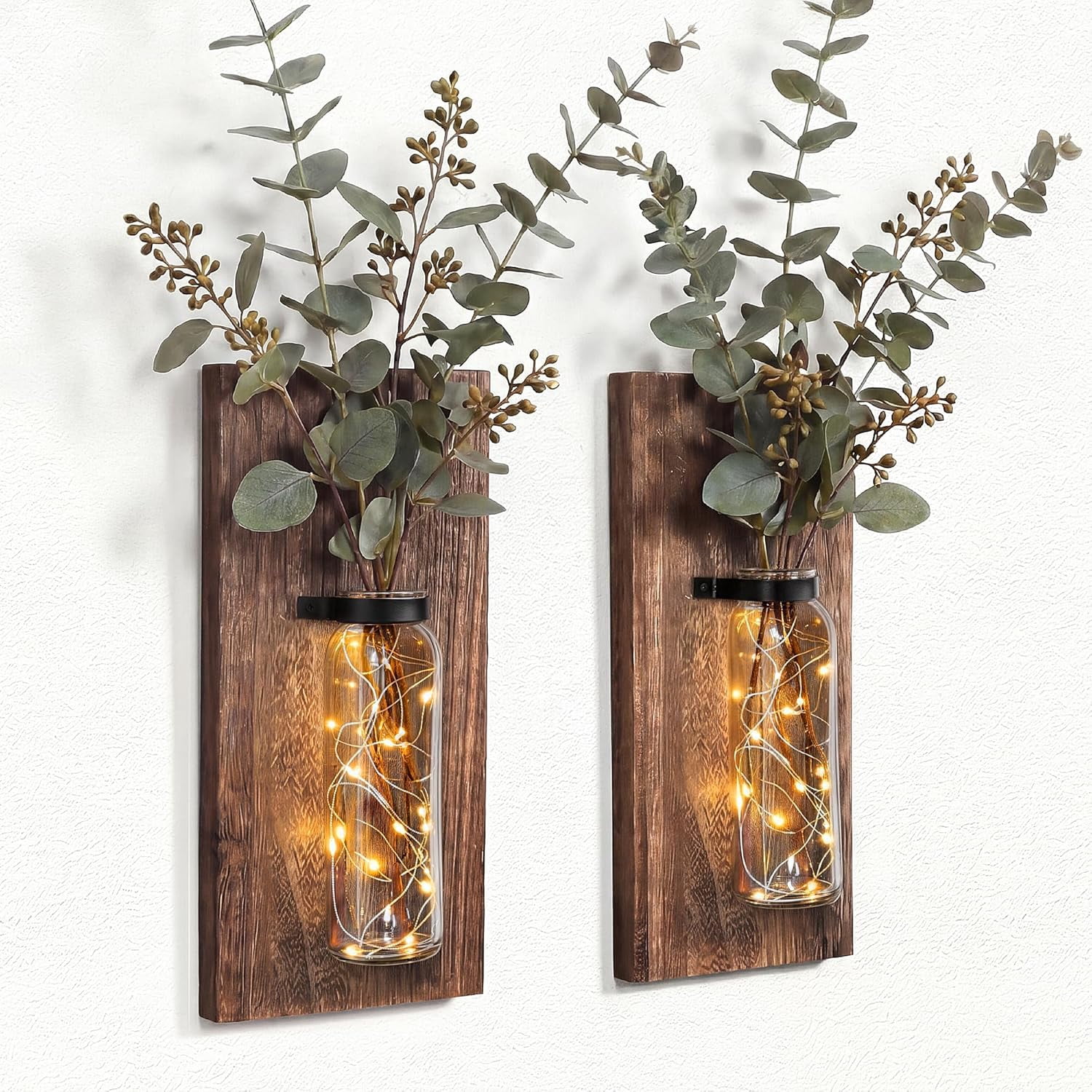 2 Pack Wood Glass Wall Sconces, Farmhouse Planters for Indoor Plants ...