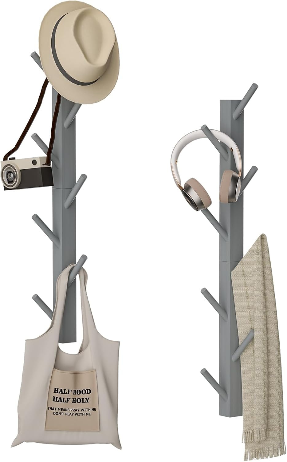 2-Pack Wood-Wall-Mounted-Coat-Hooks, Bamboo Vertical Coats Rack Holder ...