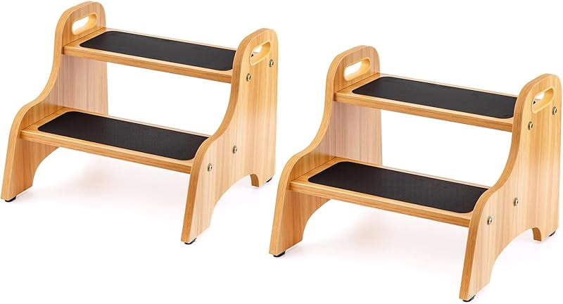 2 Pack Wooden 2 Step Stools for Kids & Adults, Non-Slip Surface, Skid ...
