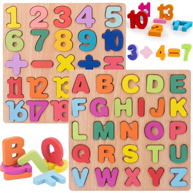 2 Pack Wooden Alphabet Number Puzzles for Toddlers 1 2 3 4 5 Year Old ...