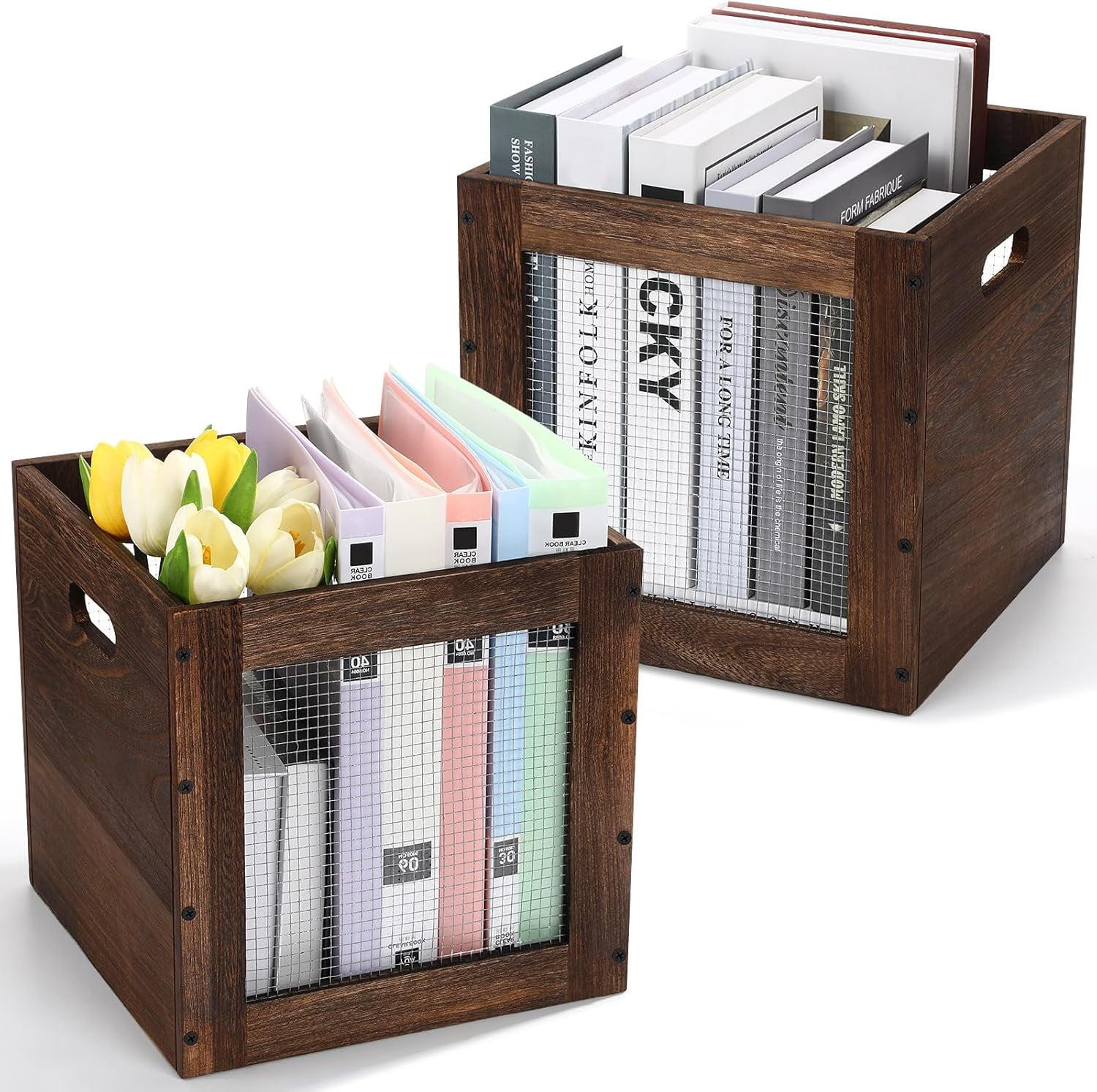 2 Pack Wooden Nesting Countertop Baskets with Metal Wire and Handles 11 ...