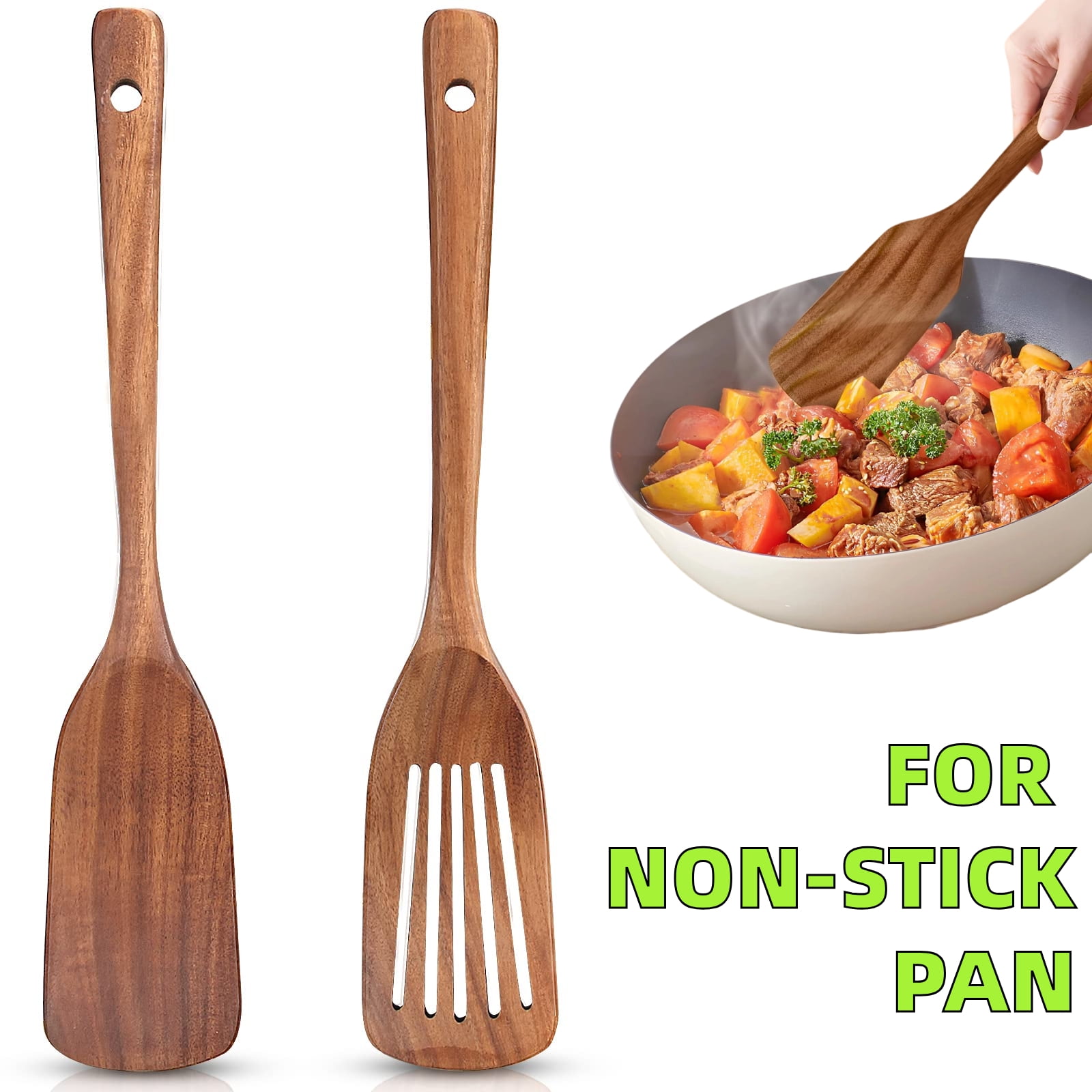 2 Pack Wooden Non Toxic Spatulas for Kitchen Utensils Set Acacia Wood Cooking Spatula Flat Wok ...