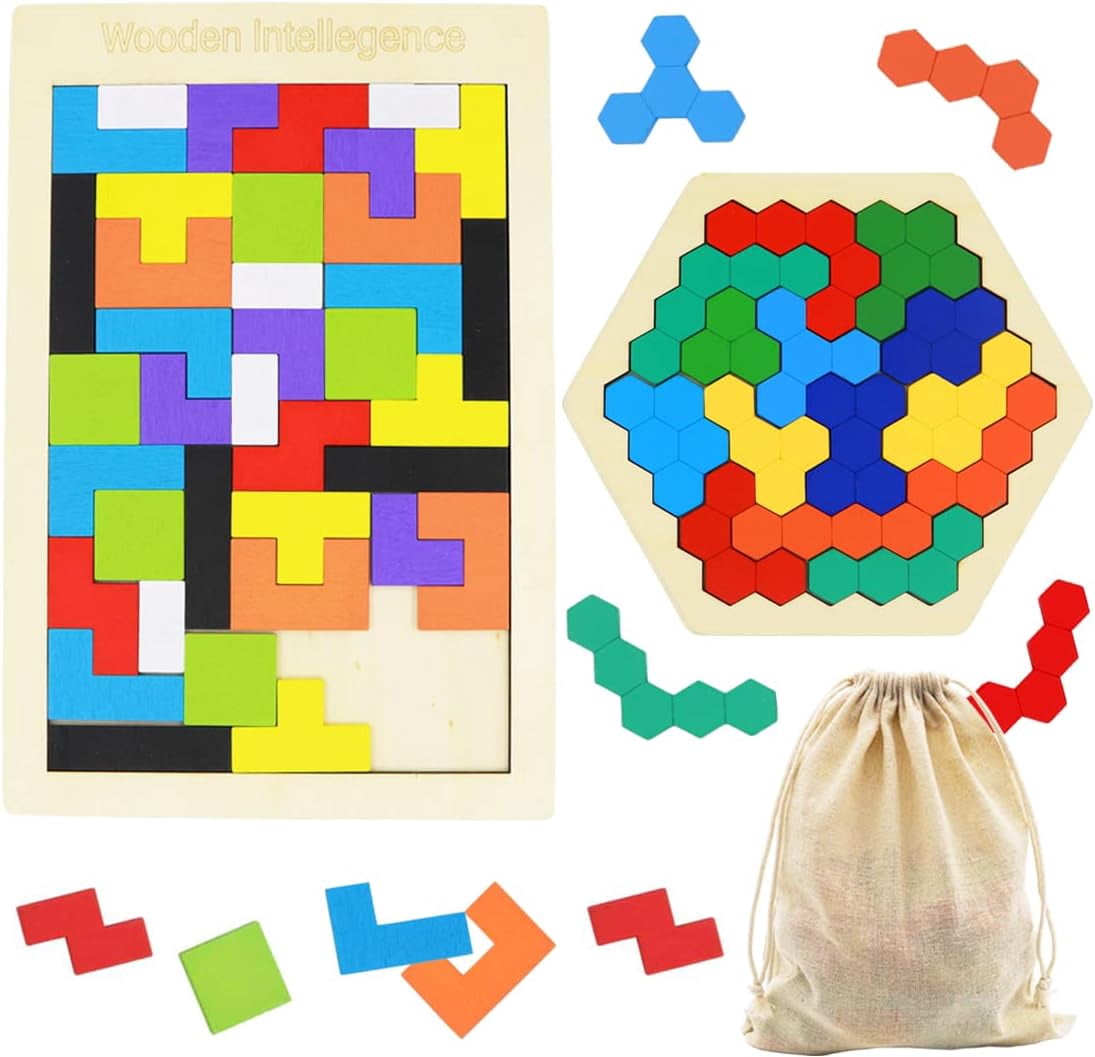 2 Pack Wooden Russian Blocks Puzzle + Hexagon Puzzles for Kids & Adults ...