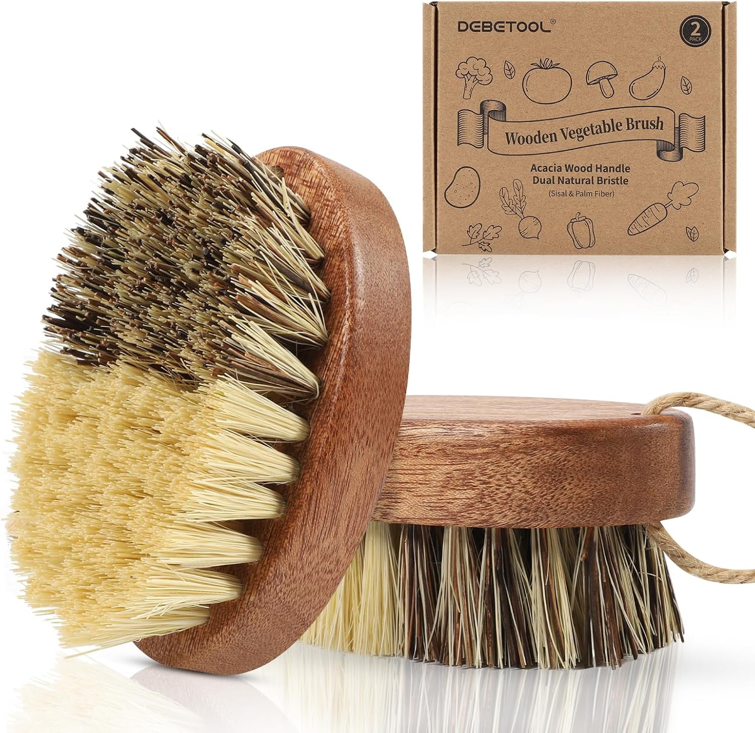 2 Pack Wooden Vegetable Brush Scrubber for Food - Dual Bristle Potato ...