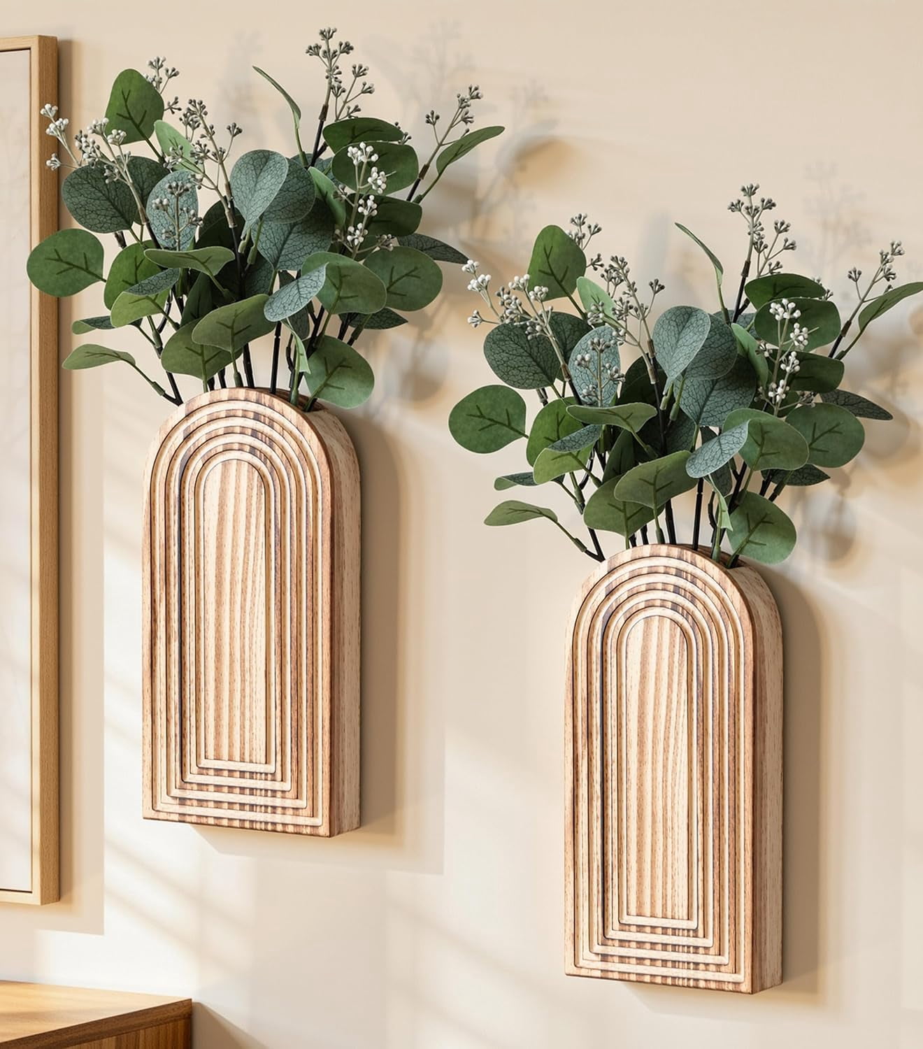 2 Pack Wooden Wall Hanging Planters with Artificial Plants, Boho ...
