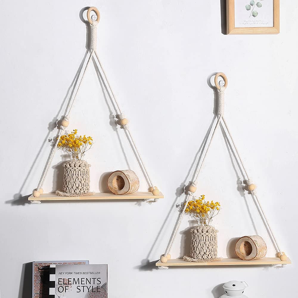2 Pack Wooden Wall Hanging Shelves - Macrame Hanging Plant Shelf Boho ...