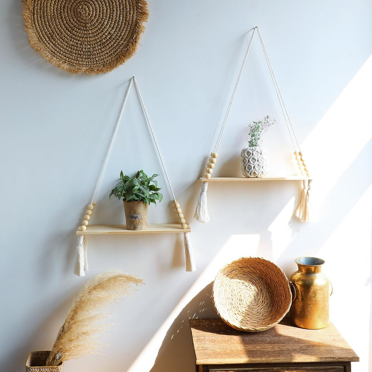 2 Pack Wooden Wall Hanging Shelves - Macrame Hanging Plant Shelf with ...