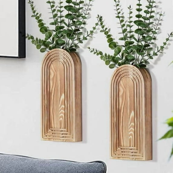 2 Pack Wooden Wall Vase Set - Brown Finish Modern Farmhouse & Boho Wall ...