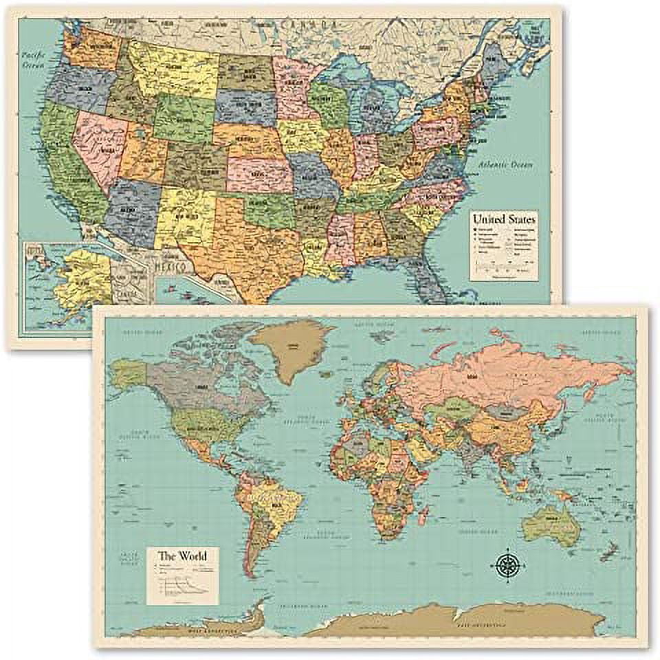 2 Pack - World Map Poster & USA Map Chart [Tan/Color] (LAMINATED, 18” x ...