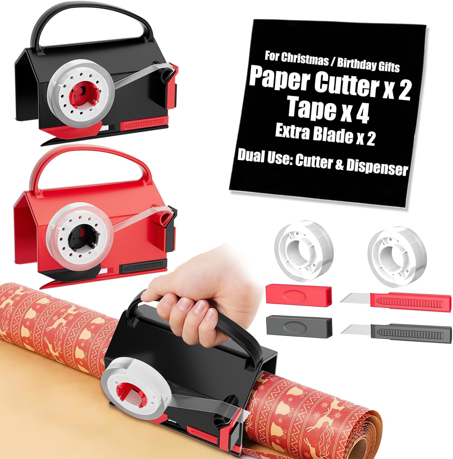 2-Pack Wrapping Paper Cutter & Tape Dispenser for Christmas Gift ...