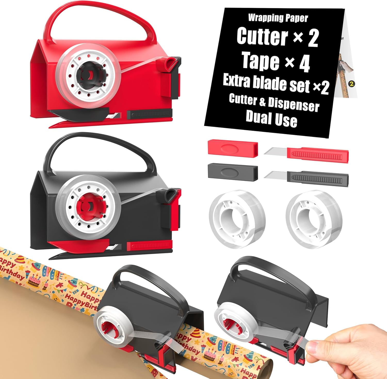 (2-Pack) Wrapping Paper Cutter & Tape Dispenser Dual Use with 4 Tapes，2 ...