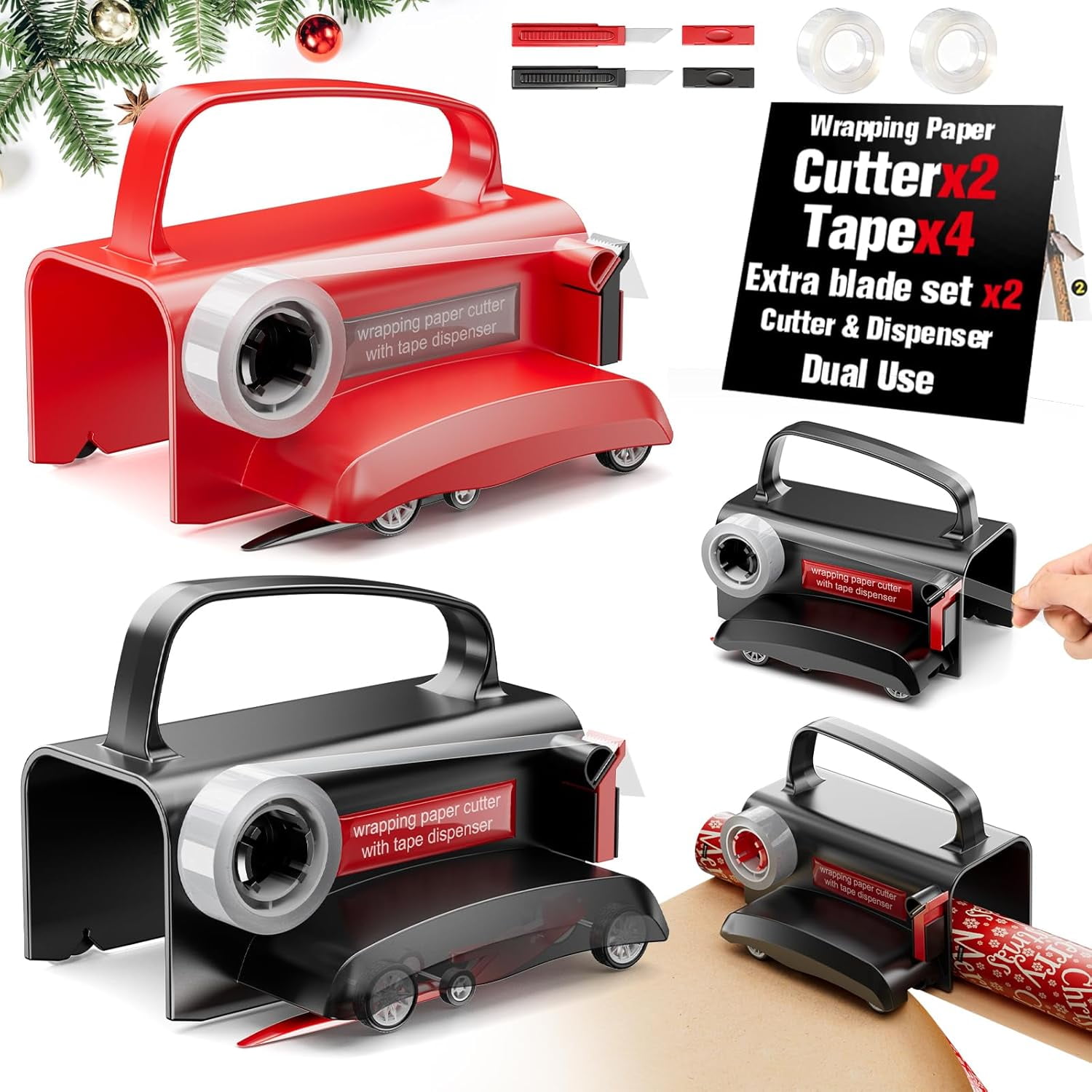 2-Pack Wrapping Paper Cutter with Wheels & Tape Dispenser - Gift Wrap ...