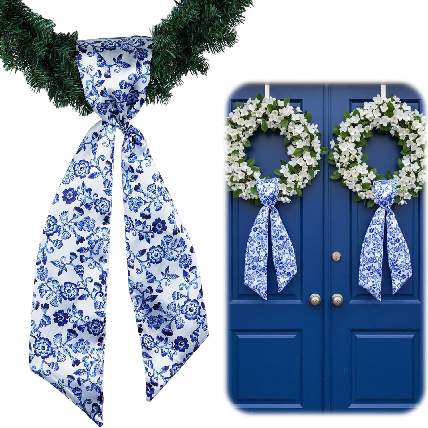 2 Pack Wreath Sash For Front Door, 55 x 5 Inch Blue Rose Floral Ribbon ...