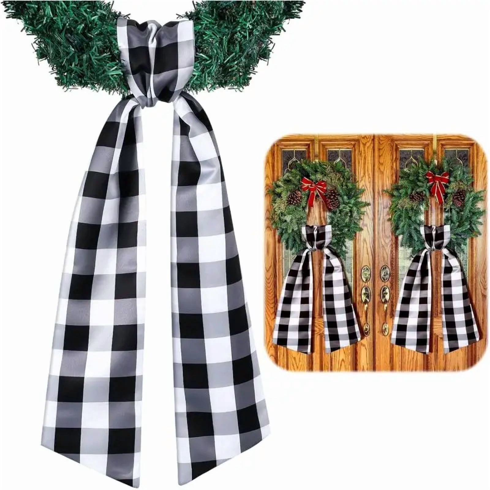 2-Pack Wreath Sash with Red Plaid Bow, Polyester Fabric Door Decor for ...