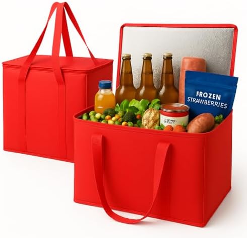 2-Pack XL-Large Insulated Grocery Shopping Bags, Red, , Heavy Duty ...