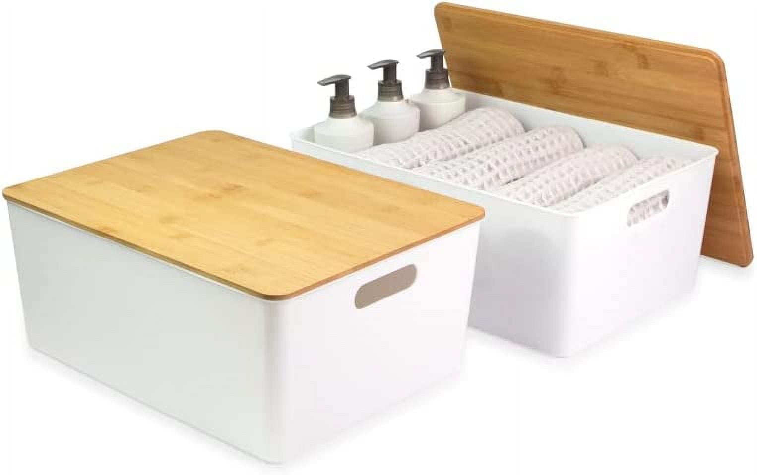 2-Pack XL White Storage Bin Set w/Cut-Out Handles and Bamboo Lid ...