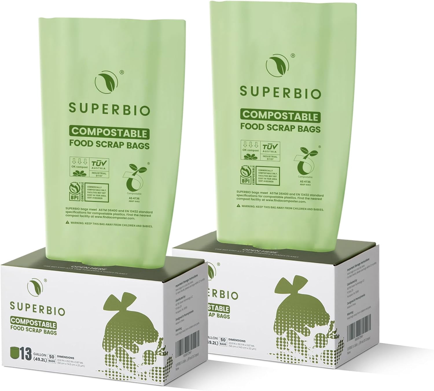 2 Pack of 13 Gallon Flat Top Compostable Food Waste Bags, 50 Count, 49 ...