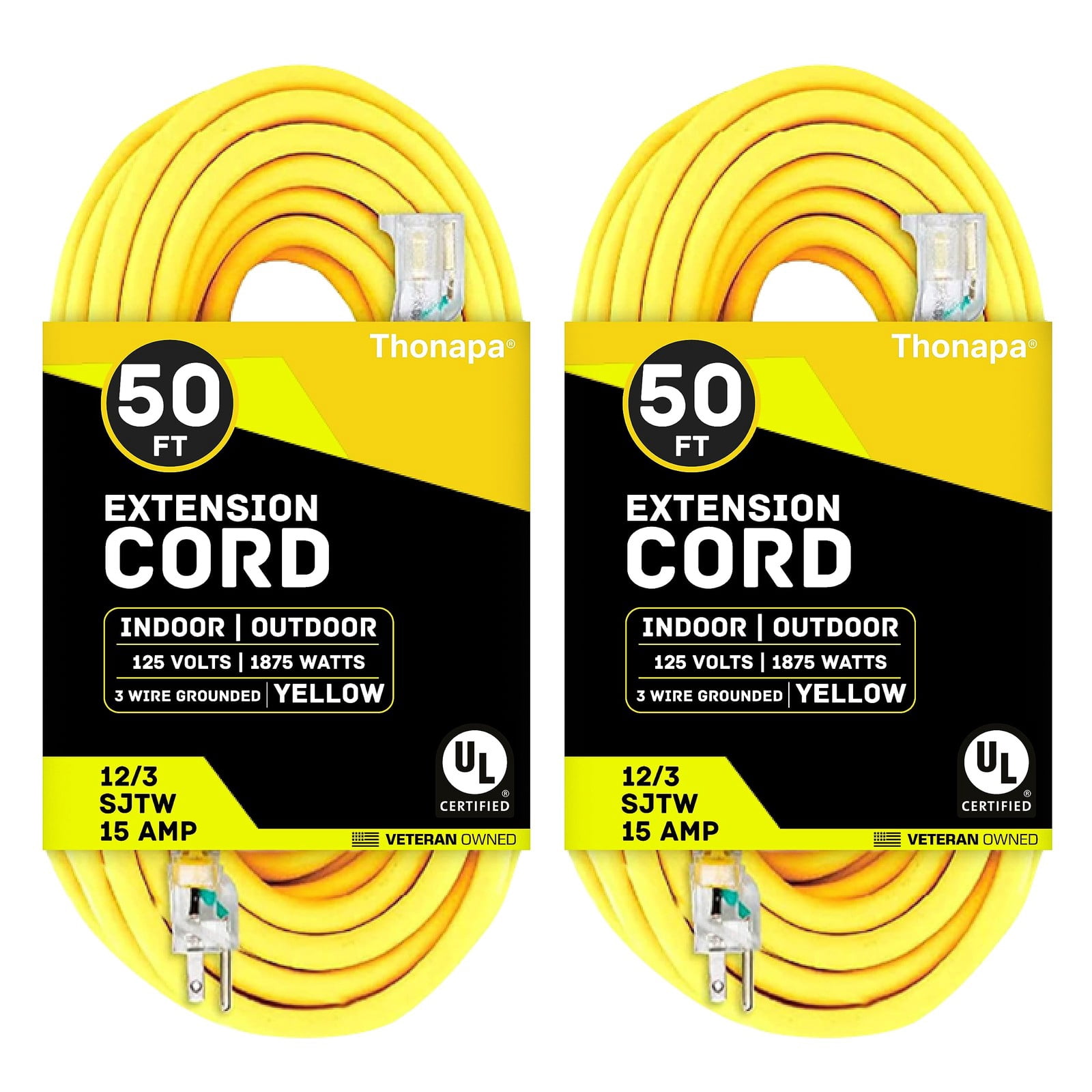 2 Pack of 50 Foot Outdoor Extension Cords - 12/3 Heavy Duty Yellow ...