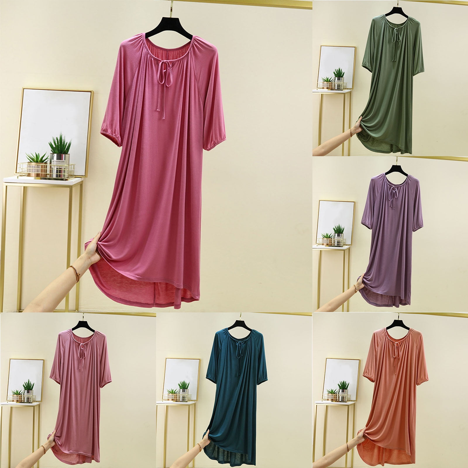 2 Pack ylioge Womens Elbow-Length Sleeve Nightgowns Soft-Modal V Neck ...